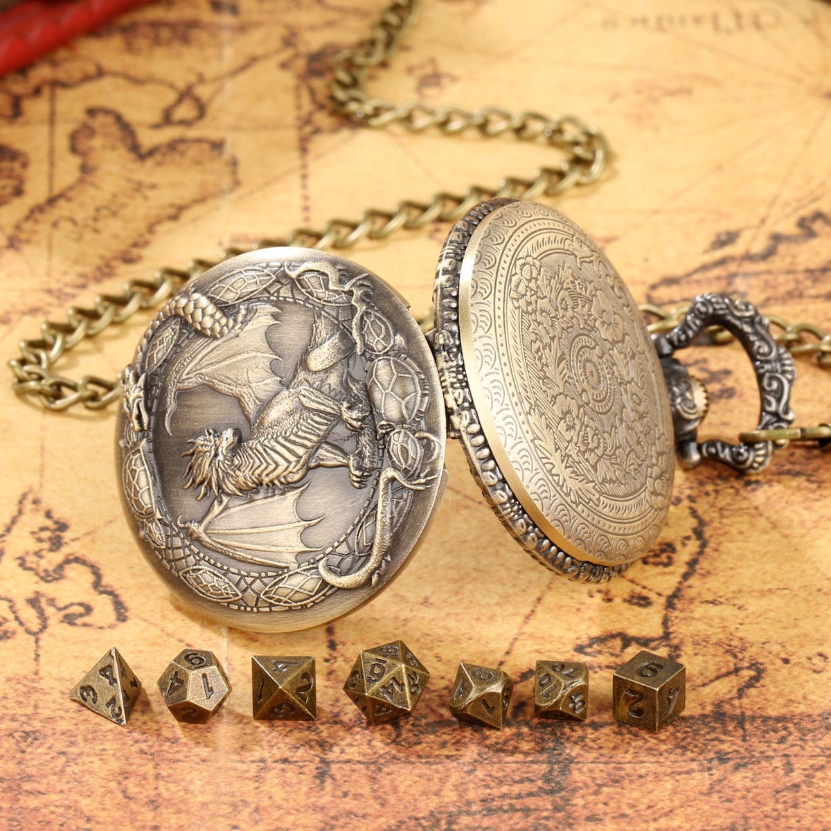 Mini Metal DND Dice Set with Dragon Crest Pocket Watch Shell Case ...