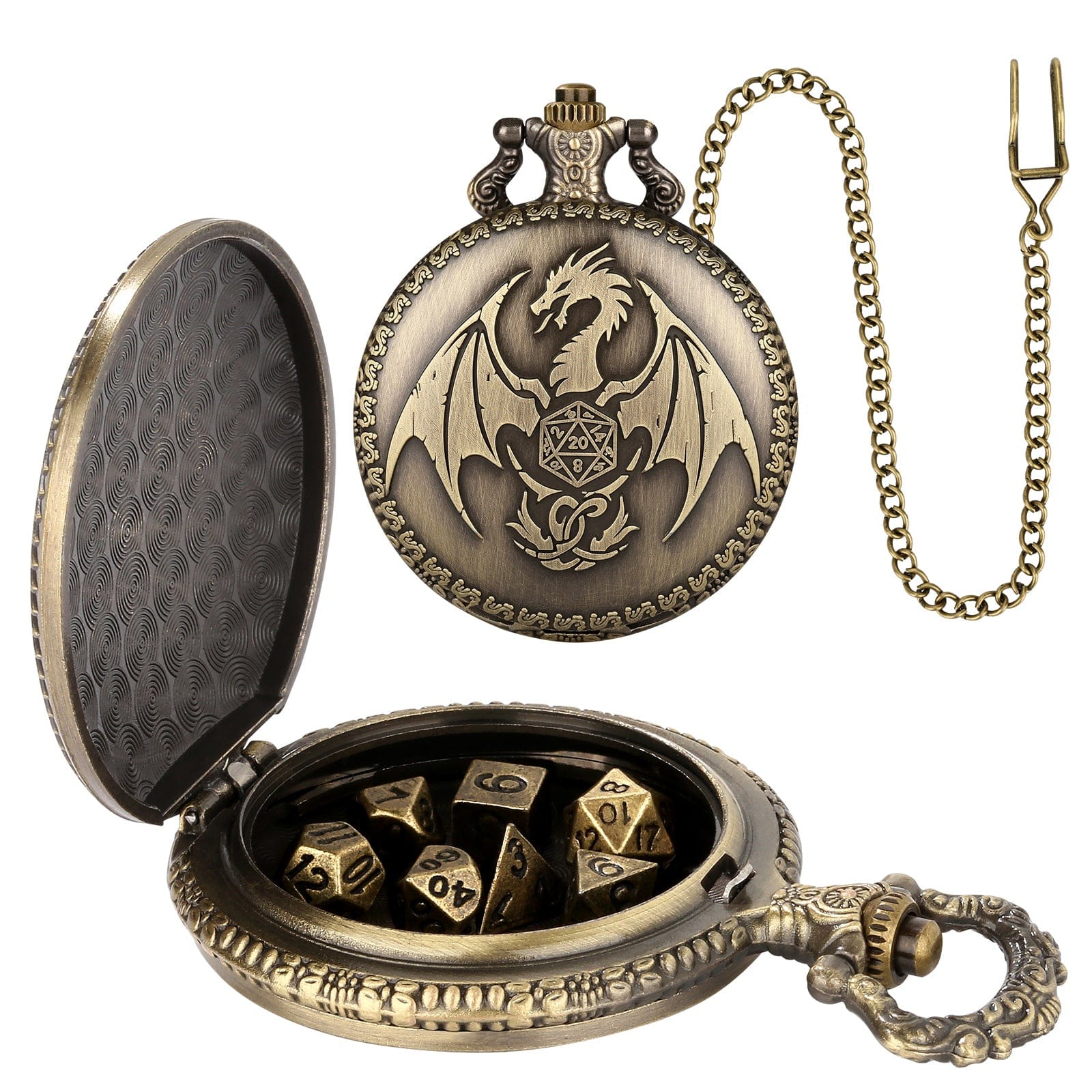 Mini Metal DND Dice Set with Dragon D20 Style Pocket Watch Shell Case ...