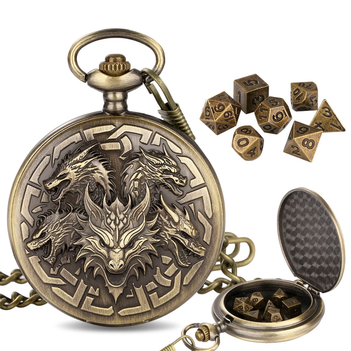 Mini Metal DND Dice Set with Dragon Embossed Pocket Watch Shell Case ...