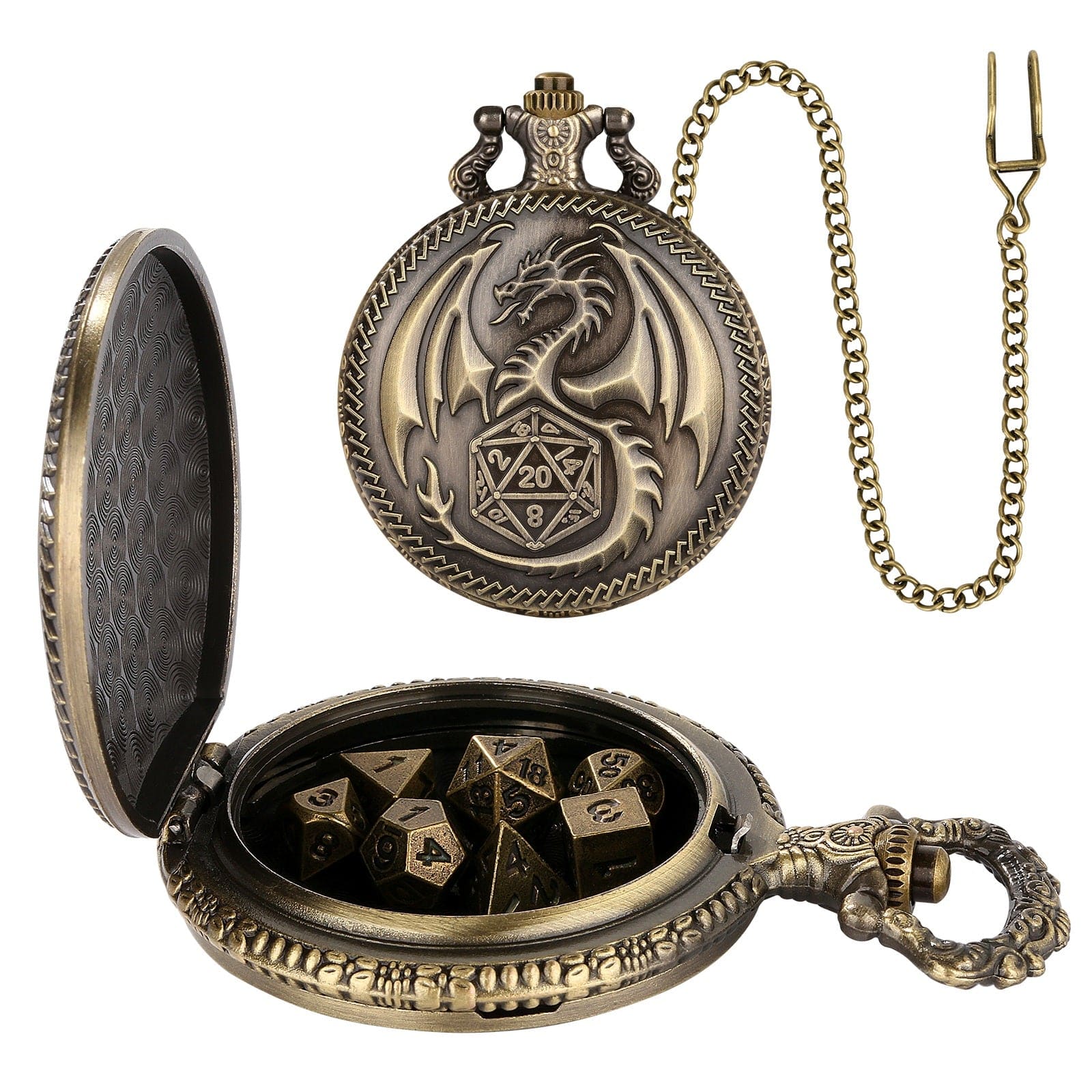 Mini Metal DND Dice Set with Dragonborn Pocket Watch Shell Case – 7pcs ...