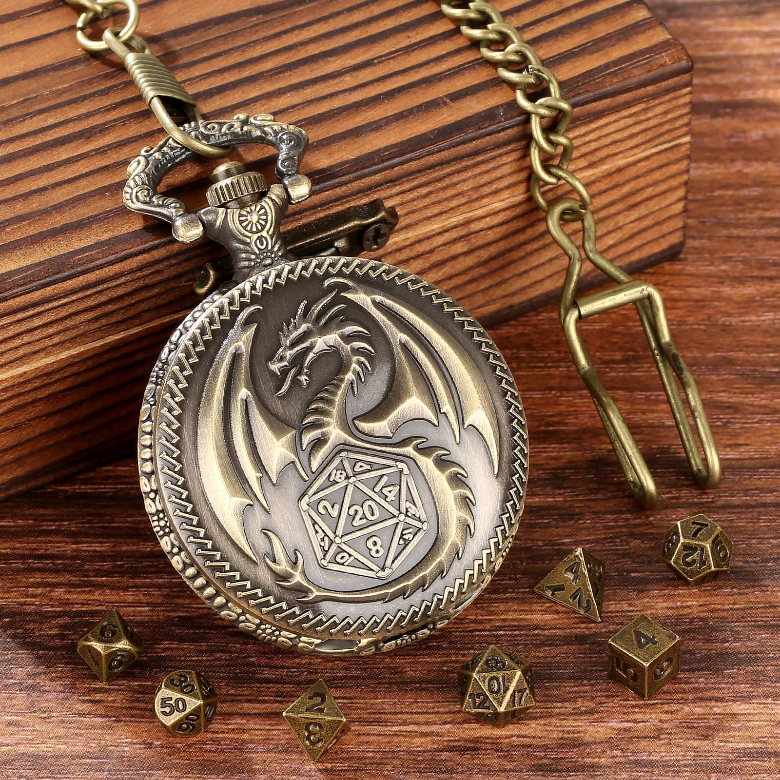 Mini Metal DND Dice Set with Dragonborn Pocket Watch Shell Case – 7pcs ...