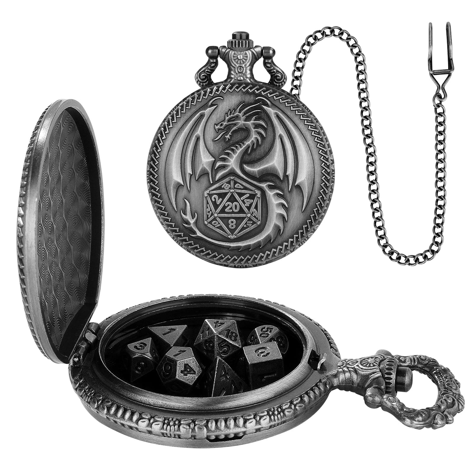 Mini Metal DND Dice Set with Dragonborn Pocket Watch Shell Case – 7pcs ...