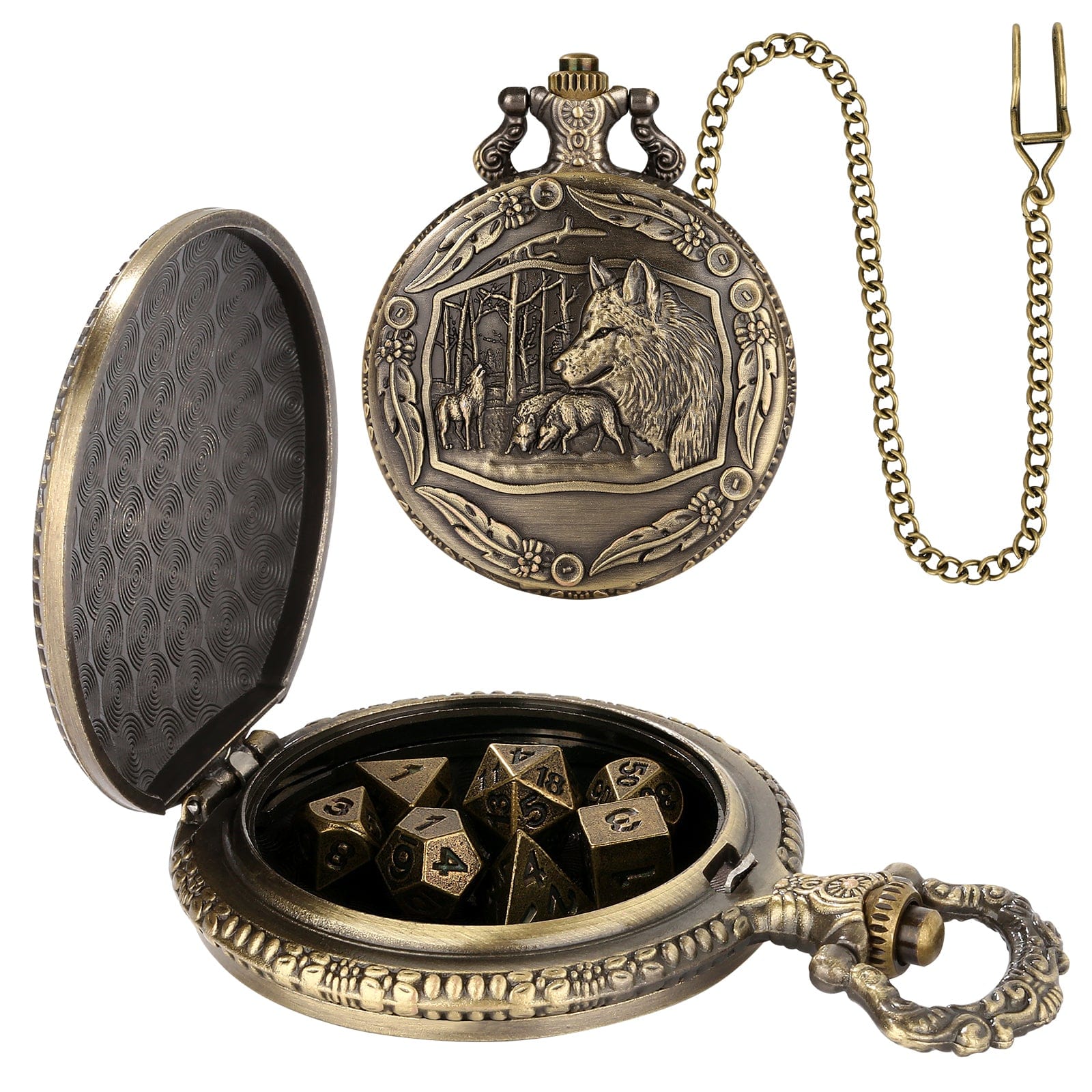 Mini Metal DND Dice Set with Forest Wolf Pocket Watch Shell Case – 7pcs ...