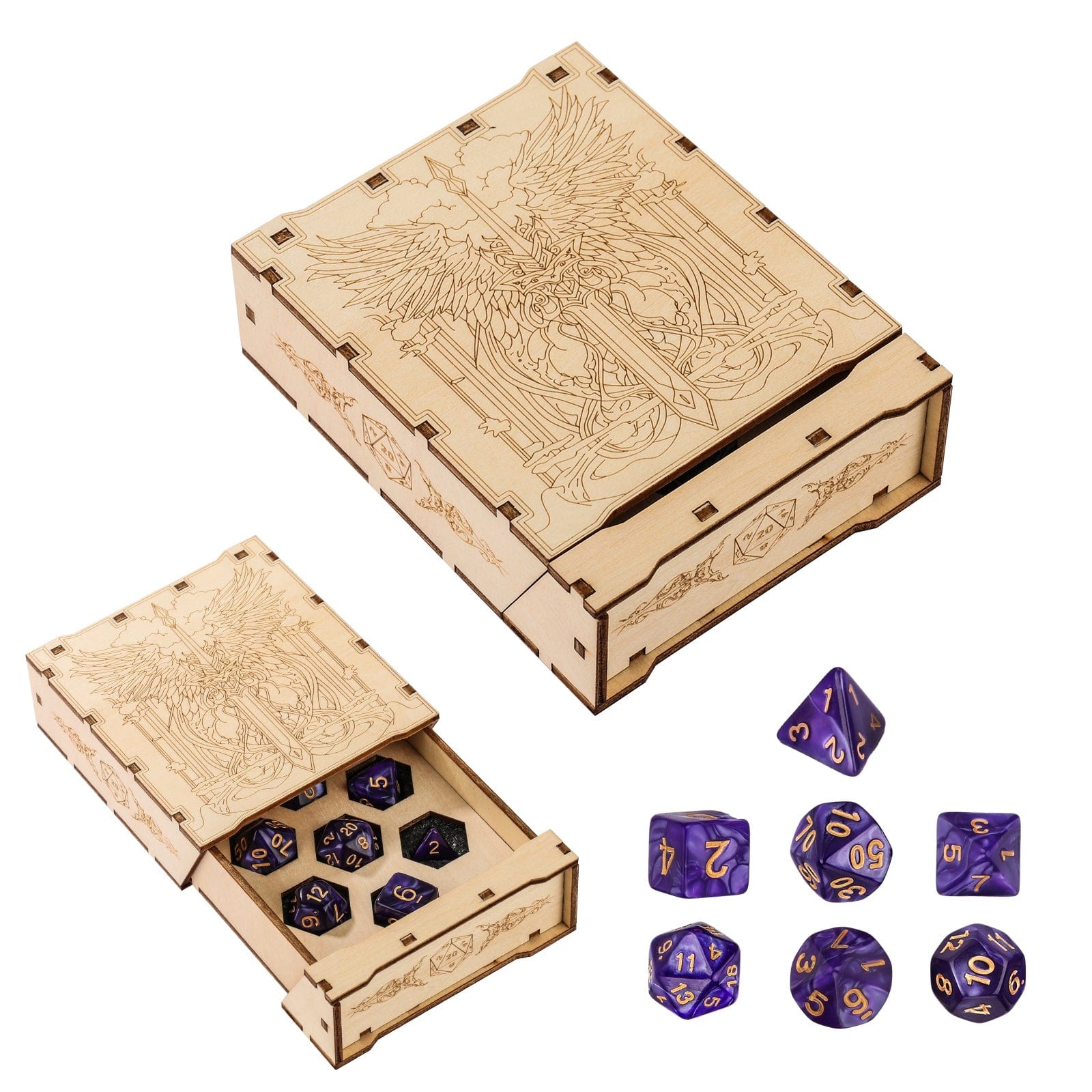 Divine Sword Wooden Dice Case with Drawer – DnD 7-Die Set Storage Case ...