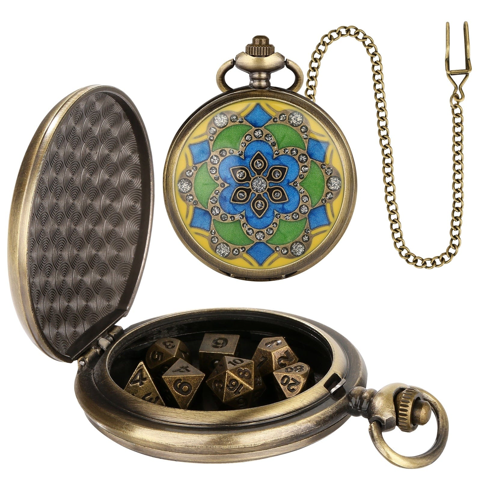 Mini Metal DND Dice Set with Mandala Pocket Watch Shell Case – 7pcs ...