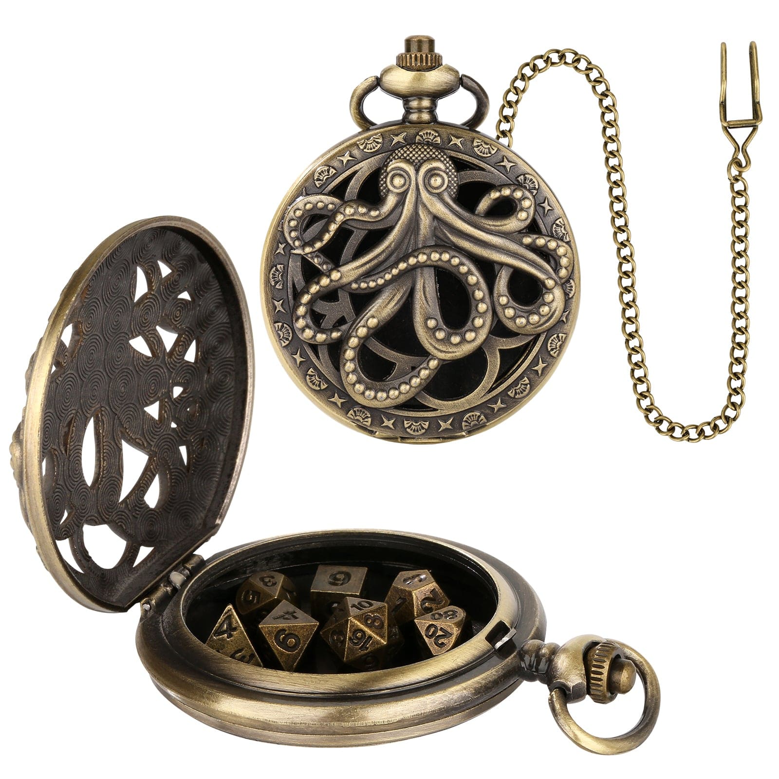 Mini Metal DND Dice Set with Octopus Pocket Watch Shell Case – 7pcs ...