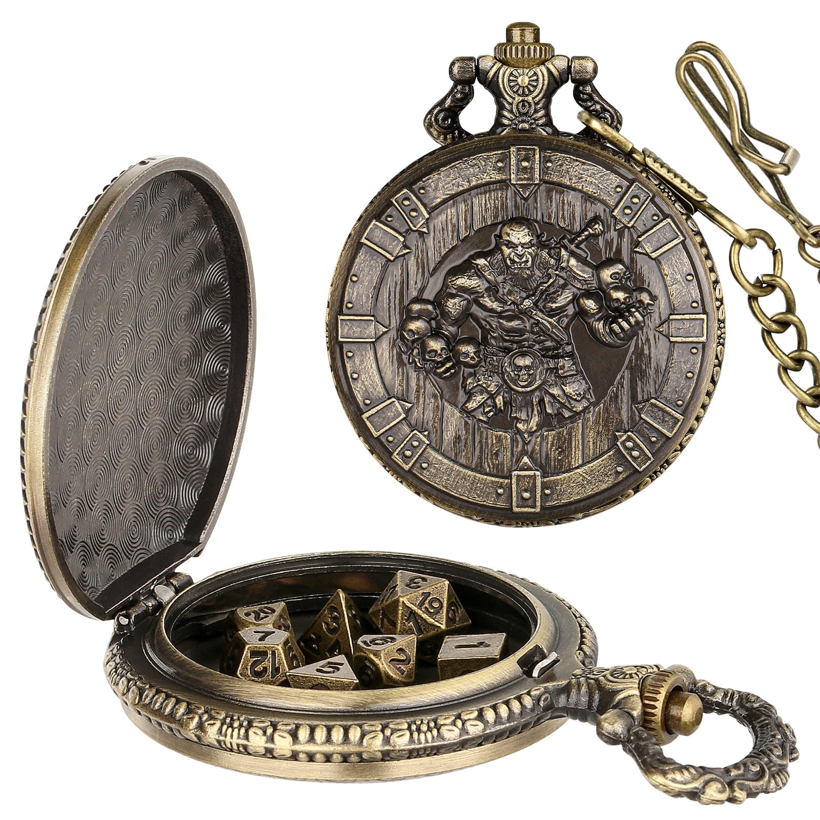 Mini Metal DND Dice Set with Orc Warlord Pocket Watch Shell Case – 7pcs ...