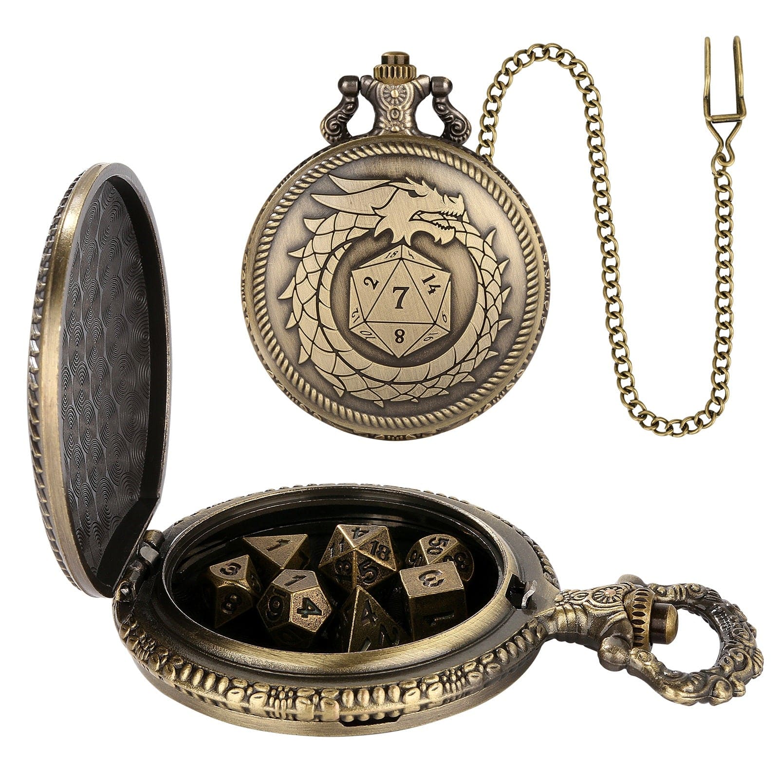 Mini Metal DND Dice Set with Ouroboros Dragon Pocket Watch Shell Case ...