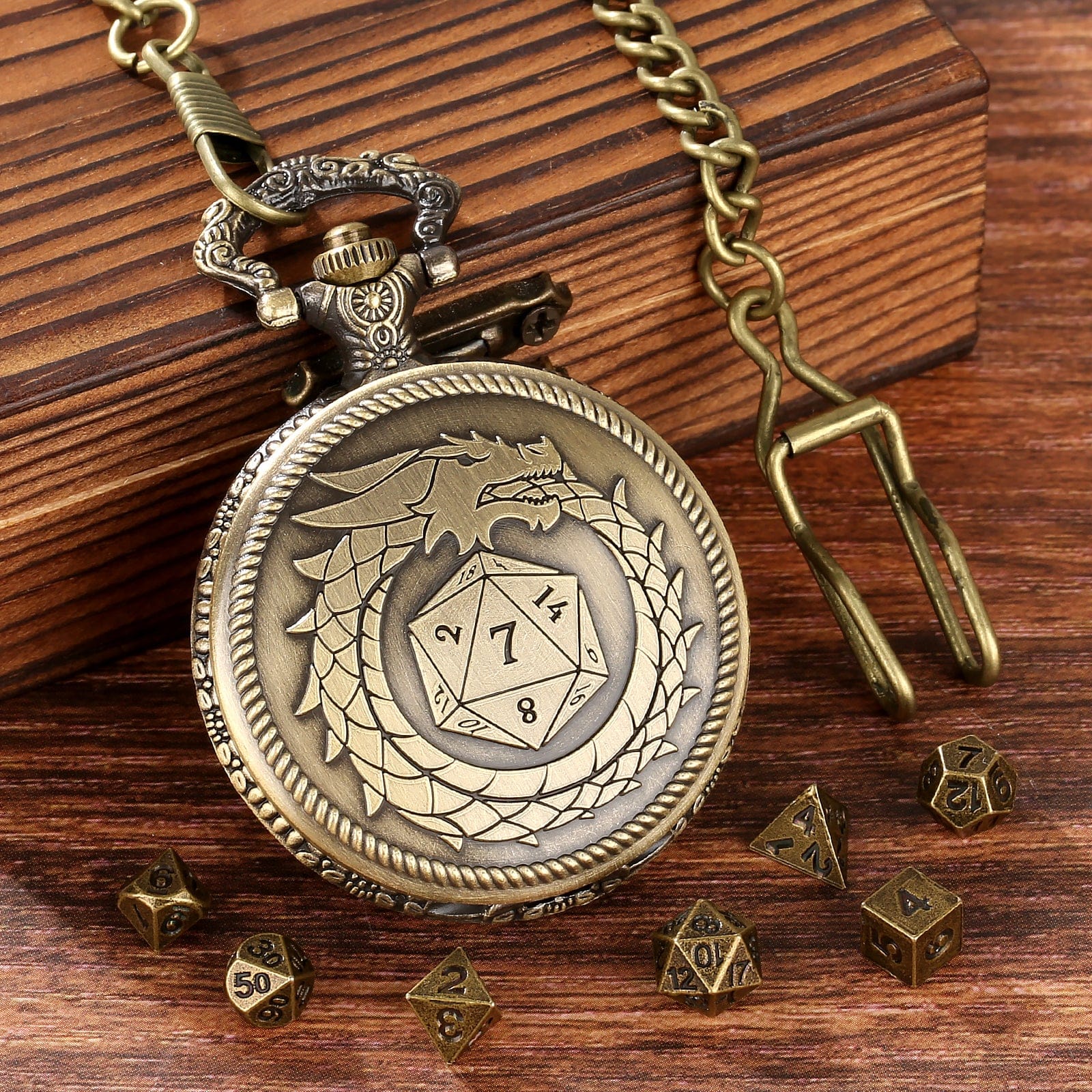 Mini Metal DND Dice Set with Ouroboros Dragon Pocket Watch Shell Case ...