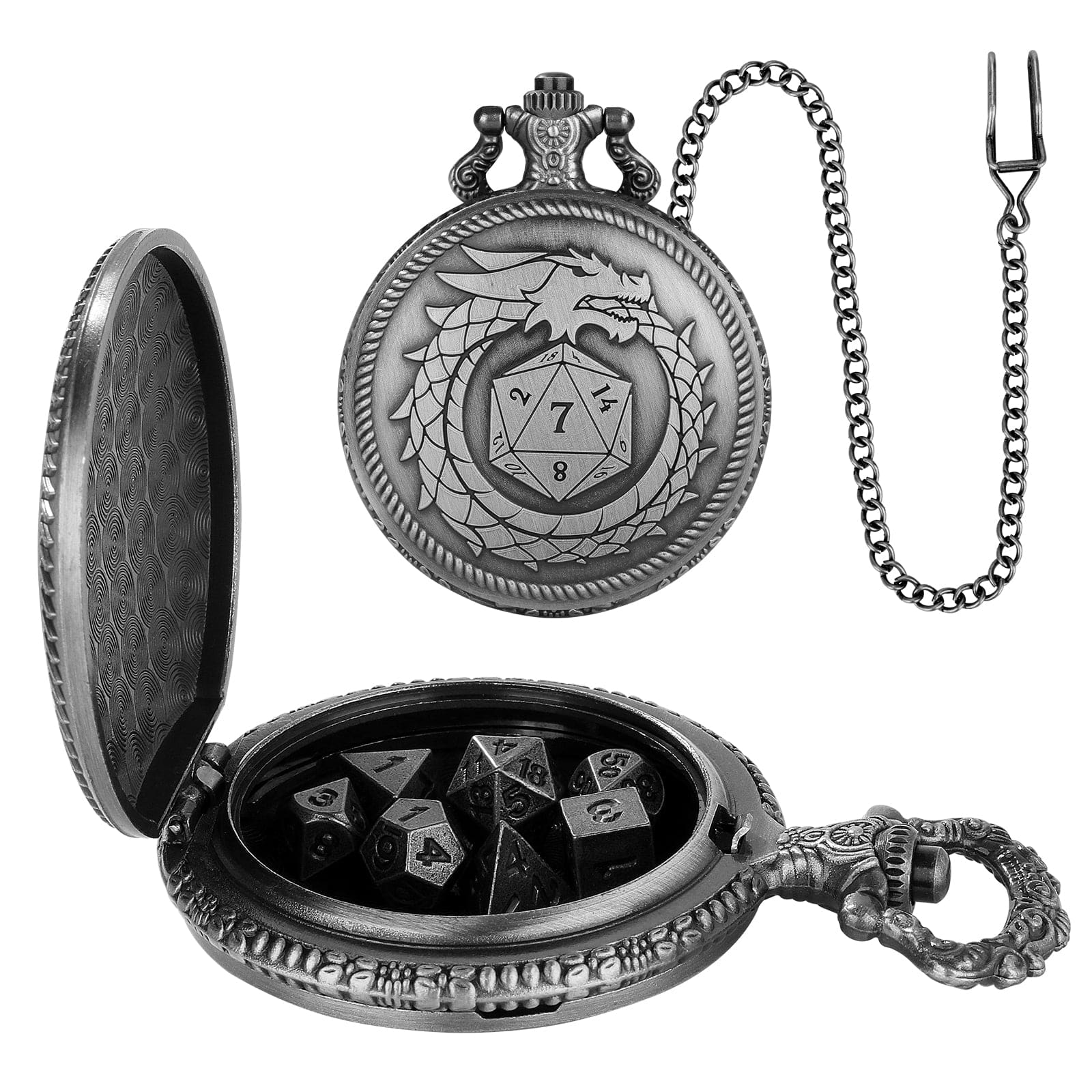 Mini Metal DND Dice Set with Ouroboros Dragon Pocket Watch Shell Case ...