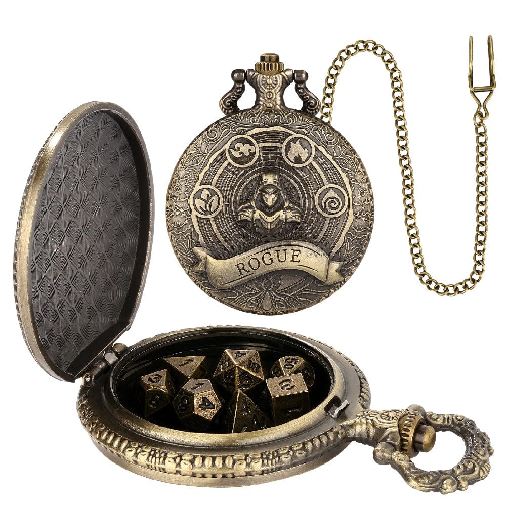 Mini Metal DND Dice Set with Rogue Pocket Watch Shell Case – 7pcs Mini ...
