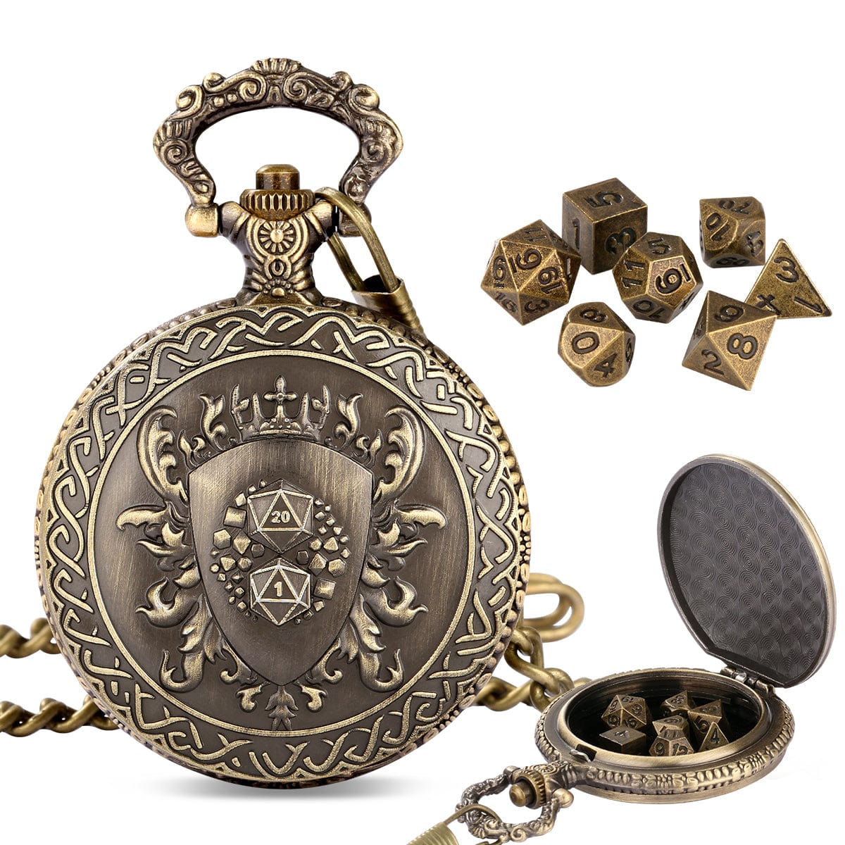 Mini Metal DND Dice Set with Royal Crest Pocket Watch Shell Case – 7pcs ...