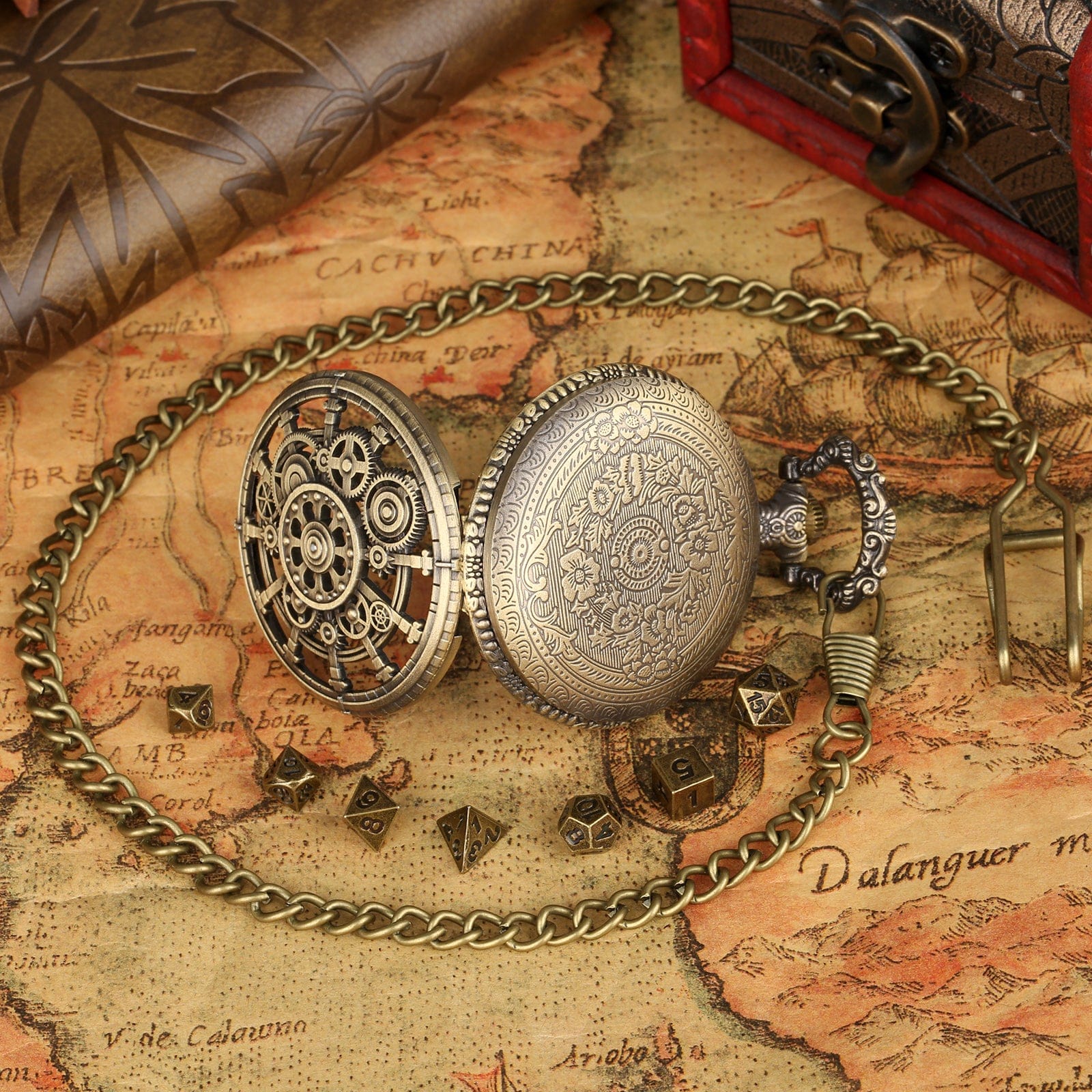 Mini Metal DND Dice Set with Steampunk Gear Pocket Watch Shell Case ...