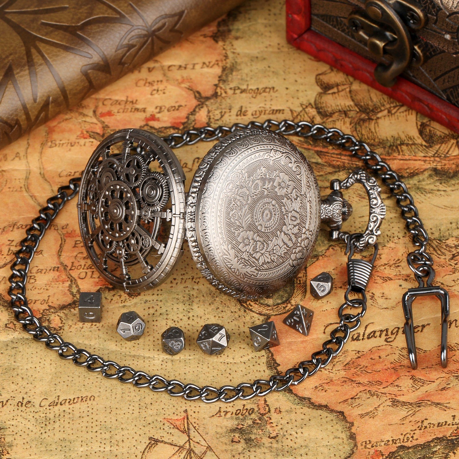Mini Metal DND Dice Set with Steampunk Gear Pocket Watch Shell Case ...