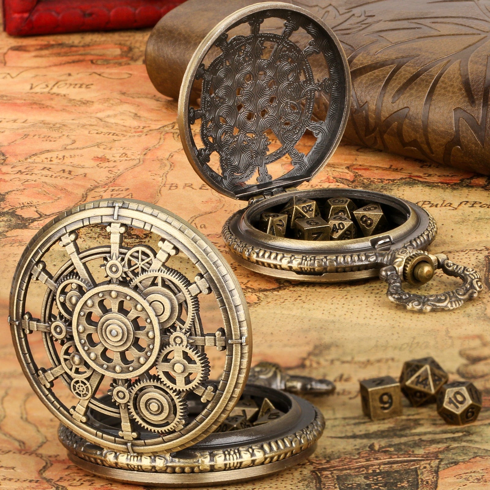 Mini Metal DND Dice Set with Steampunk Gear Pocket Watch Shell Case ...
