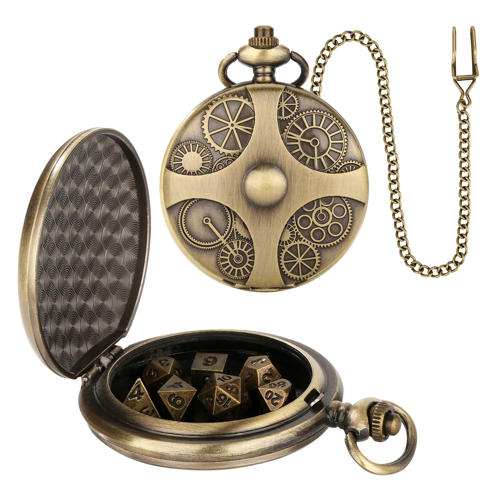 Mini Metal DND Dice Set with Steampunk Pocket Watch Shell Case – 7pcs ...