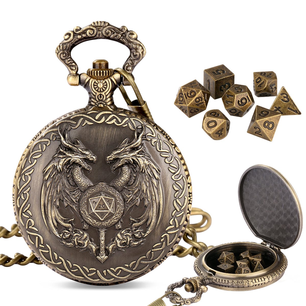 Mini Metal DND Dice Set with Twin Dragons Pocket Watch Shell Case ...