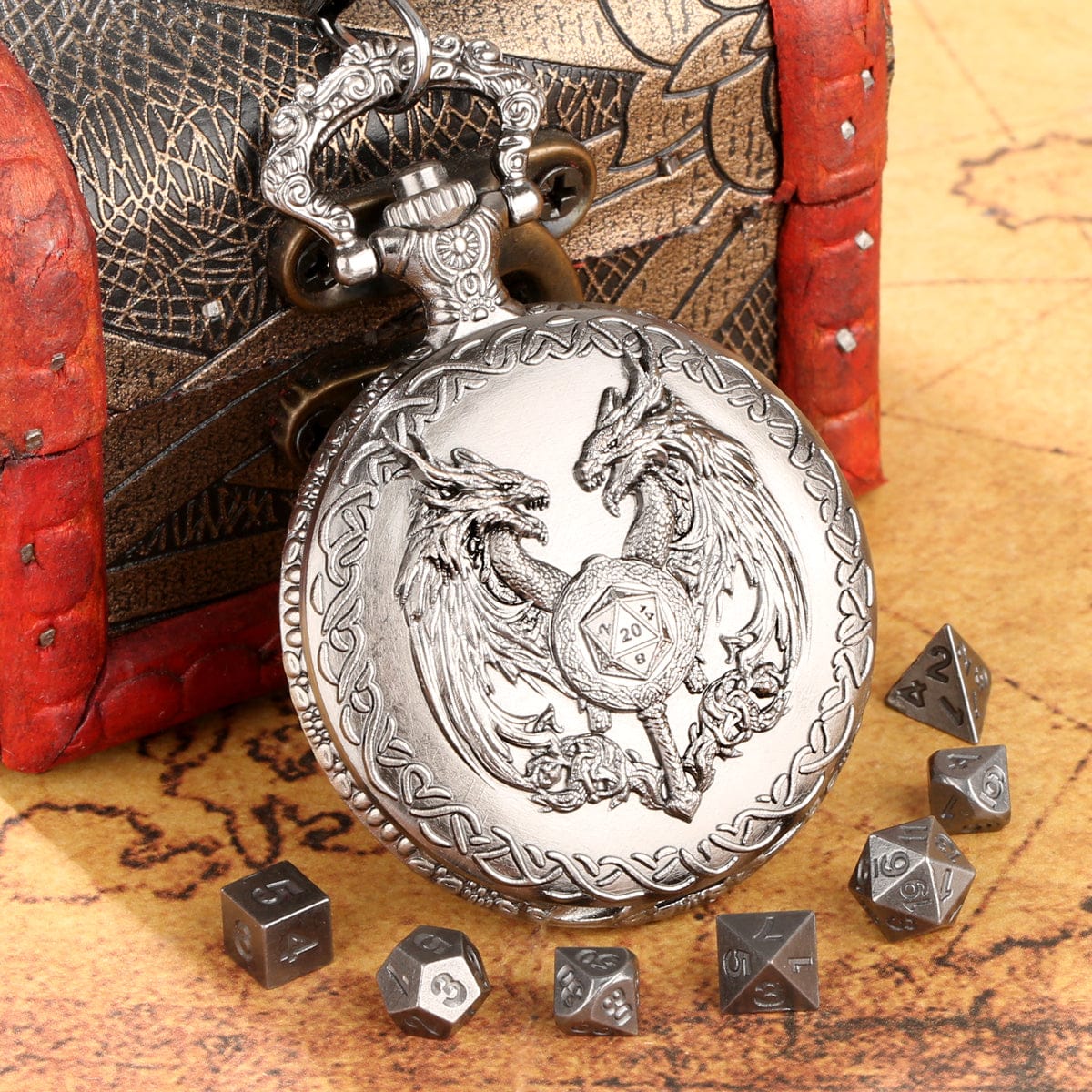 Mini Metal DND Dice Set with Twin Dragons Pocket Watch Shell Case ...