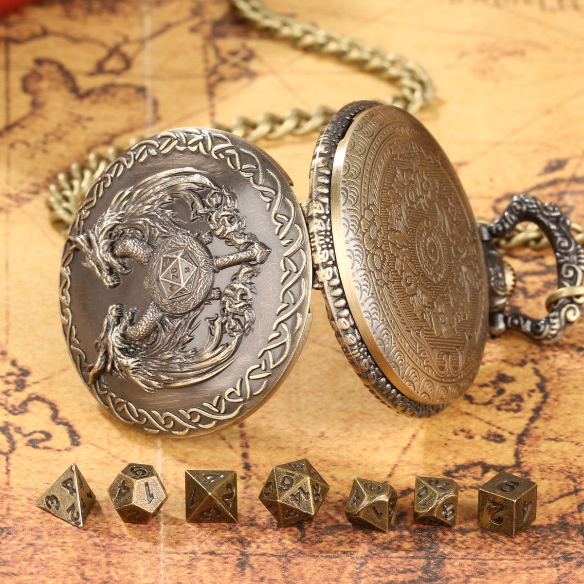 Mini Metal DND Dice Set with Twin Dragons Pocket Watch Shell Case ...