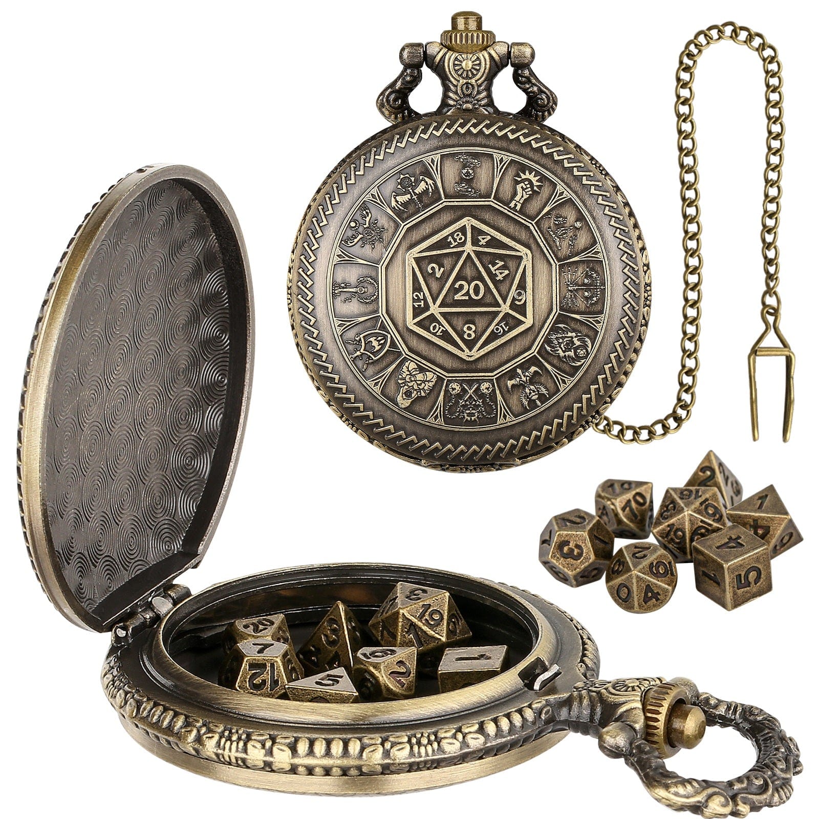 Mini Metal DND Dice Set with Zodiac Pocket Watch Shell Case – 7pcs Mini ...